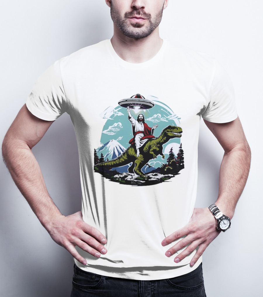 Jesus Riding Rex UFO Nature Scene With Mountains And Trees T-Shirt