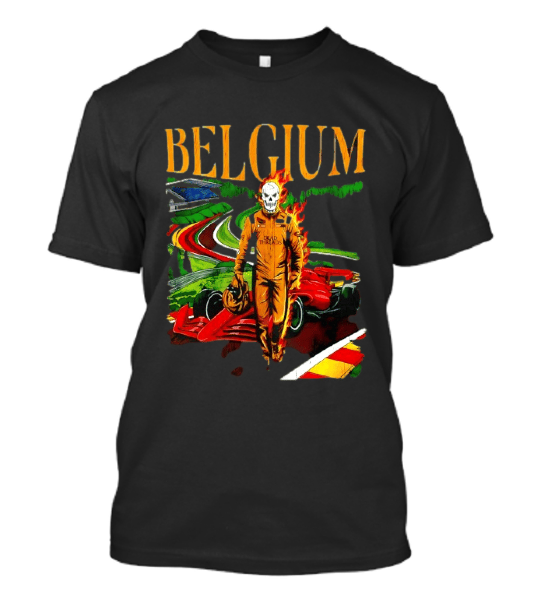 Belgium Dead Threads Formula 1 Racing Skeleton Flame Suit Track T-Shirt