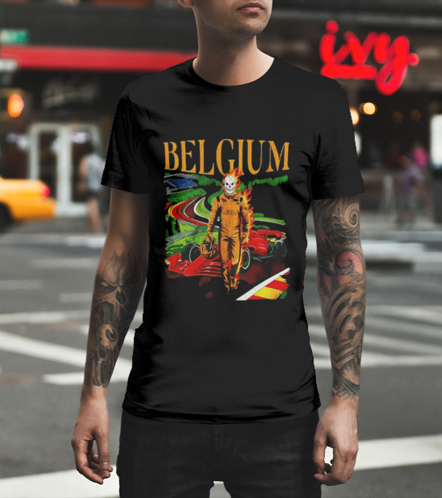 Belgium Dead Threads Formula 1 Racing Skeleton Flame Suit Track T-Shirt