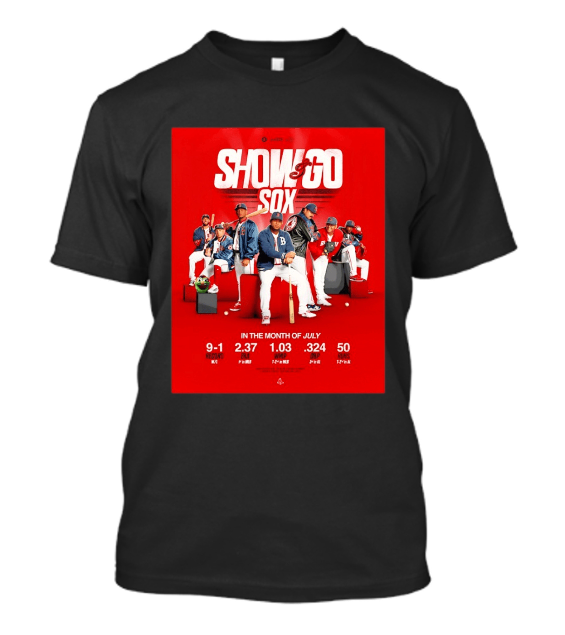 Boston Red Sox Show And Go Sox July Performance Stats 9 1 Record 2.37 ERA 1.03 WHIP .324 OBP 50 Runs T-Shirt