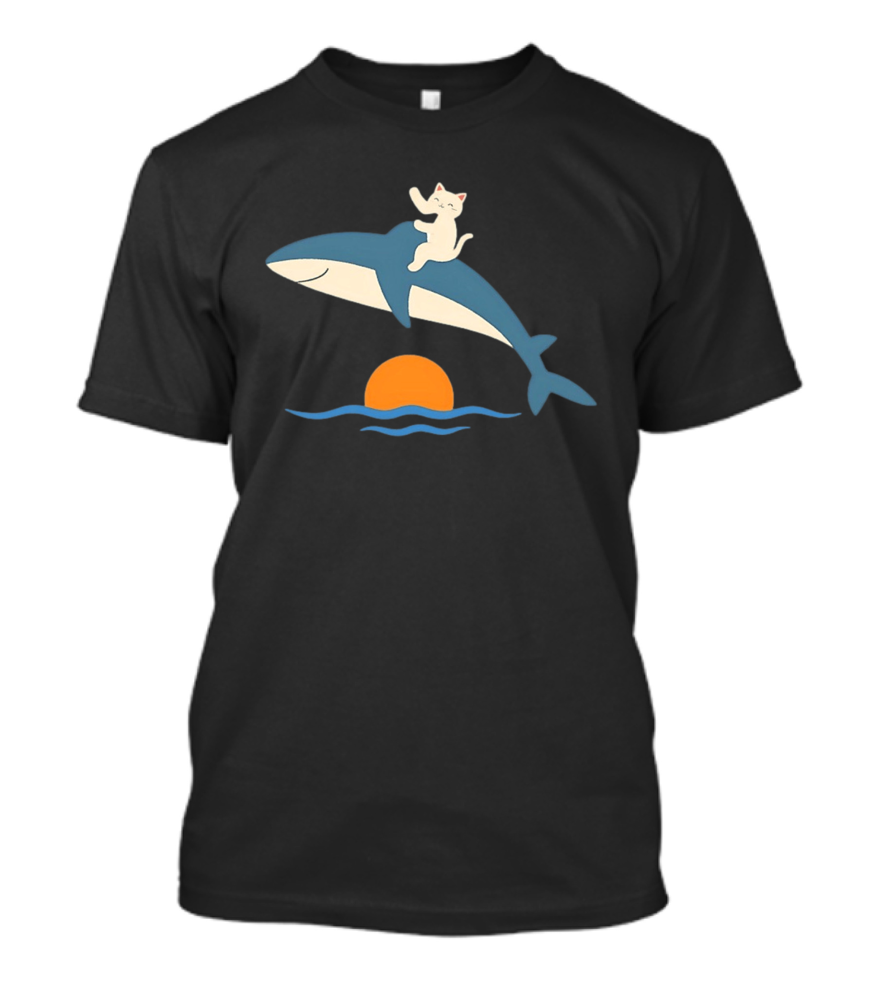 Cat On Orca Whale At Sunset Ocean Waves Scene T-Shirt