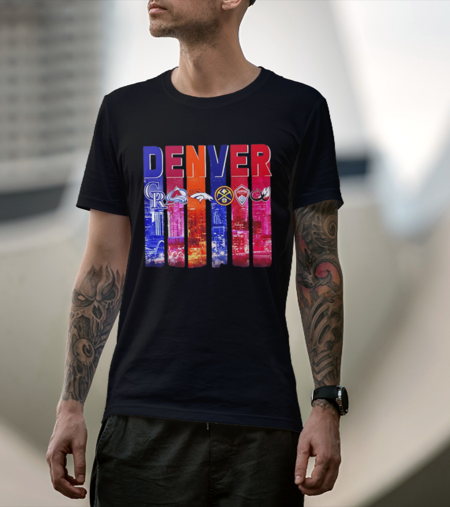 Denver City Skyline With Colorado Rockies Avalanche Broncos Nuggets Rapids Mammoth T-Shirt