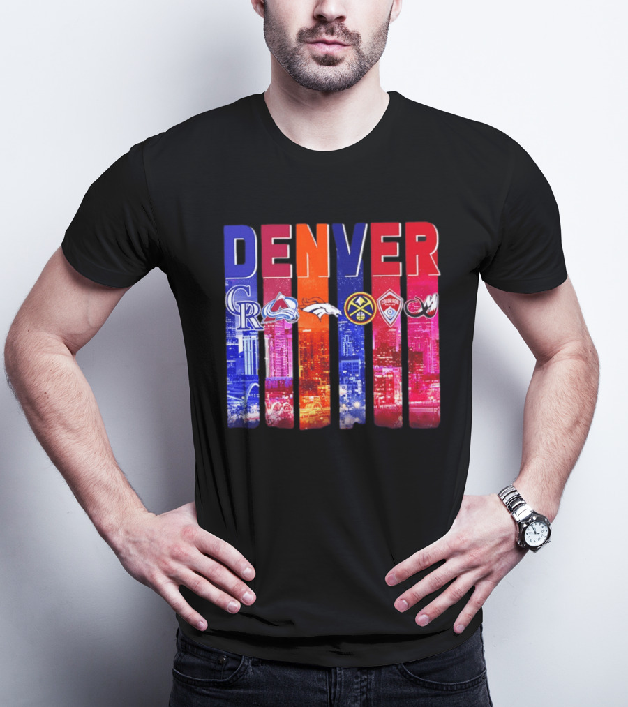 Denver City Skyline With Colorado Rockies Avalanche Broncos Nuggets Rapids Mammoth T-Shirt