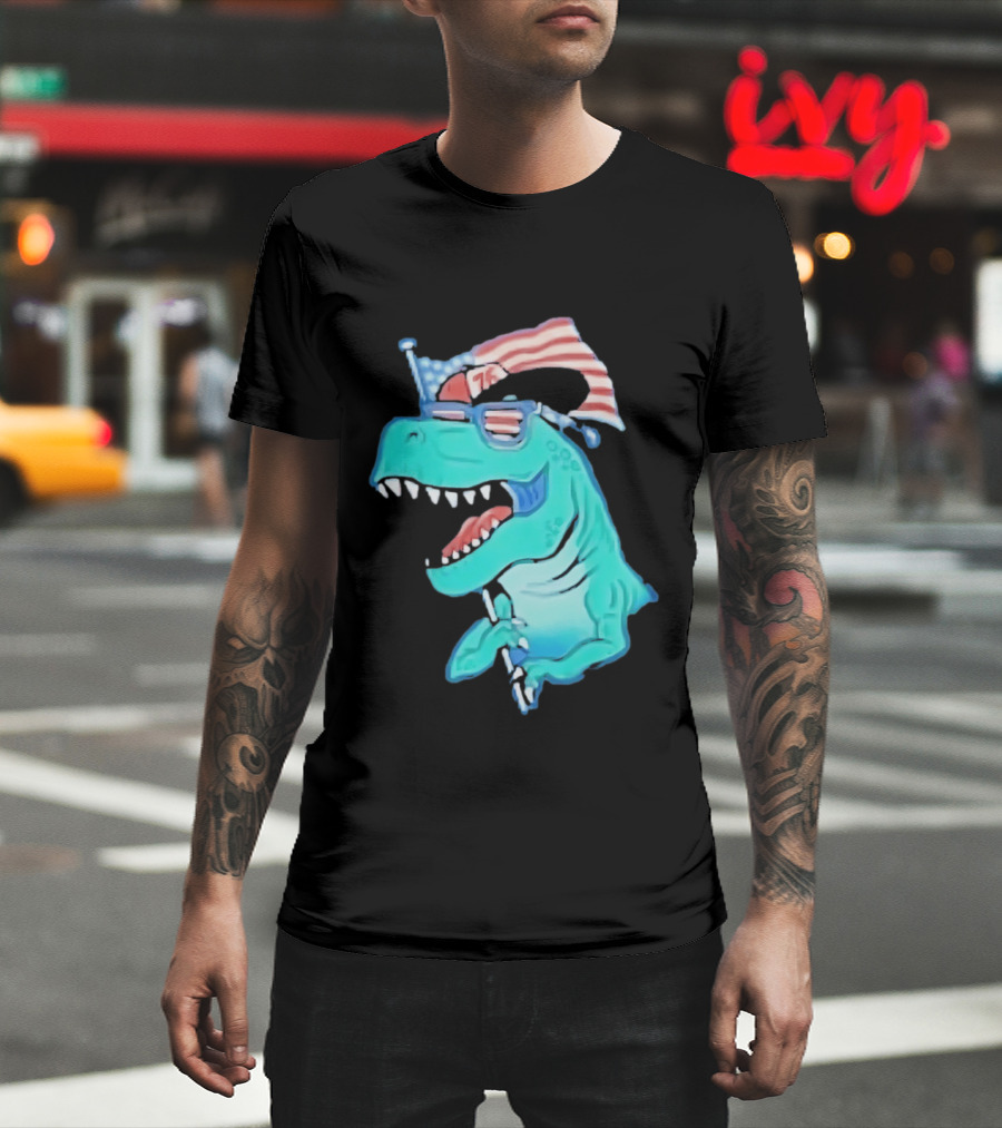 Patriotic Rex American Flag Sunglasses 76 Dinosaur T-Shirt