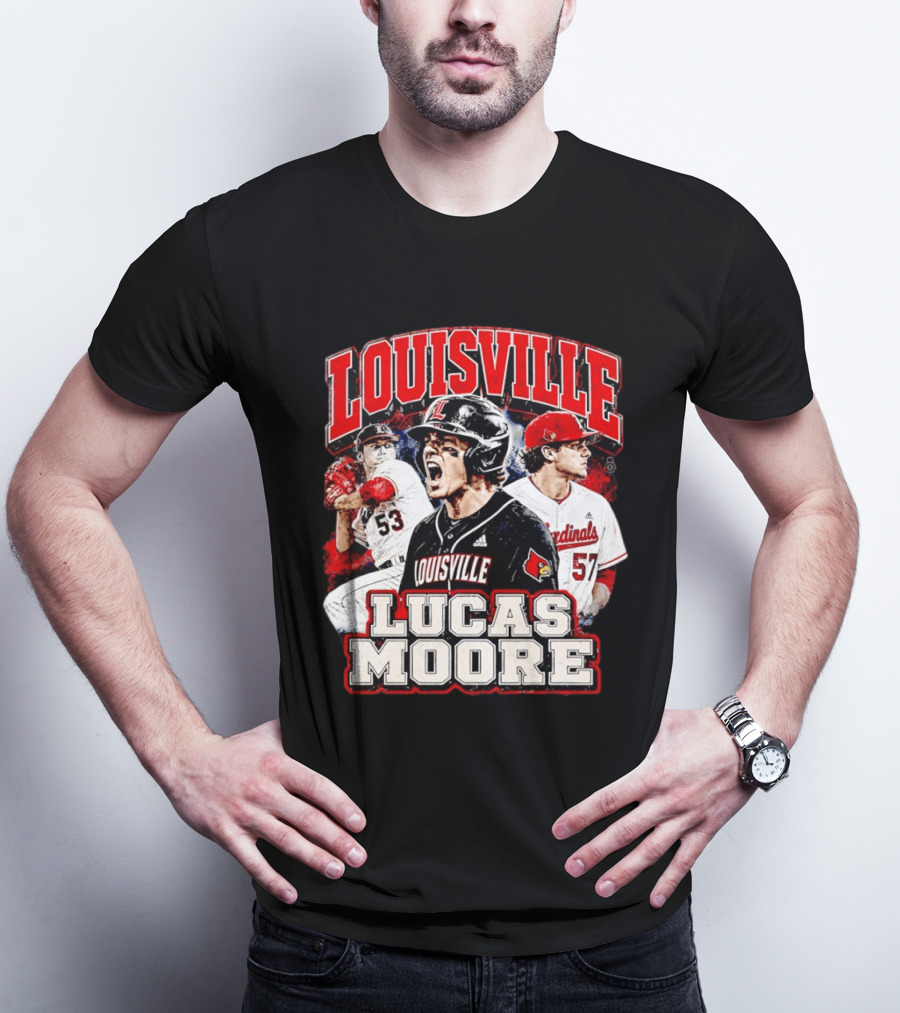 Lucas Moore Louisville Cardinals Baseball Players Dynamic Action T-Shirt