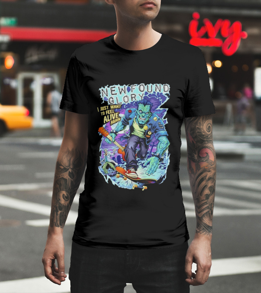 New Found Glory I Just Want To Feel Alive Again Frankenstein Skateboard Zombie Punk T-Shirt
