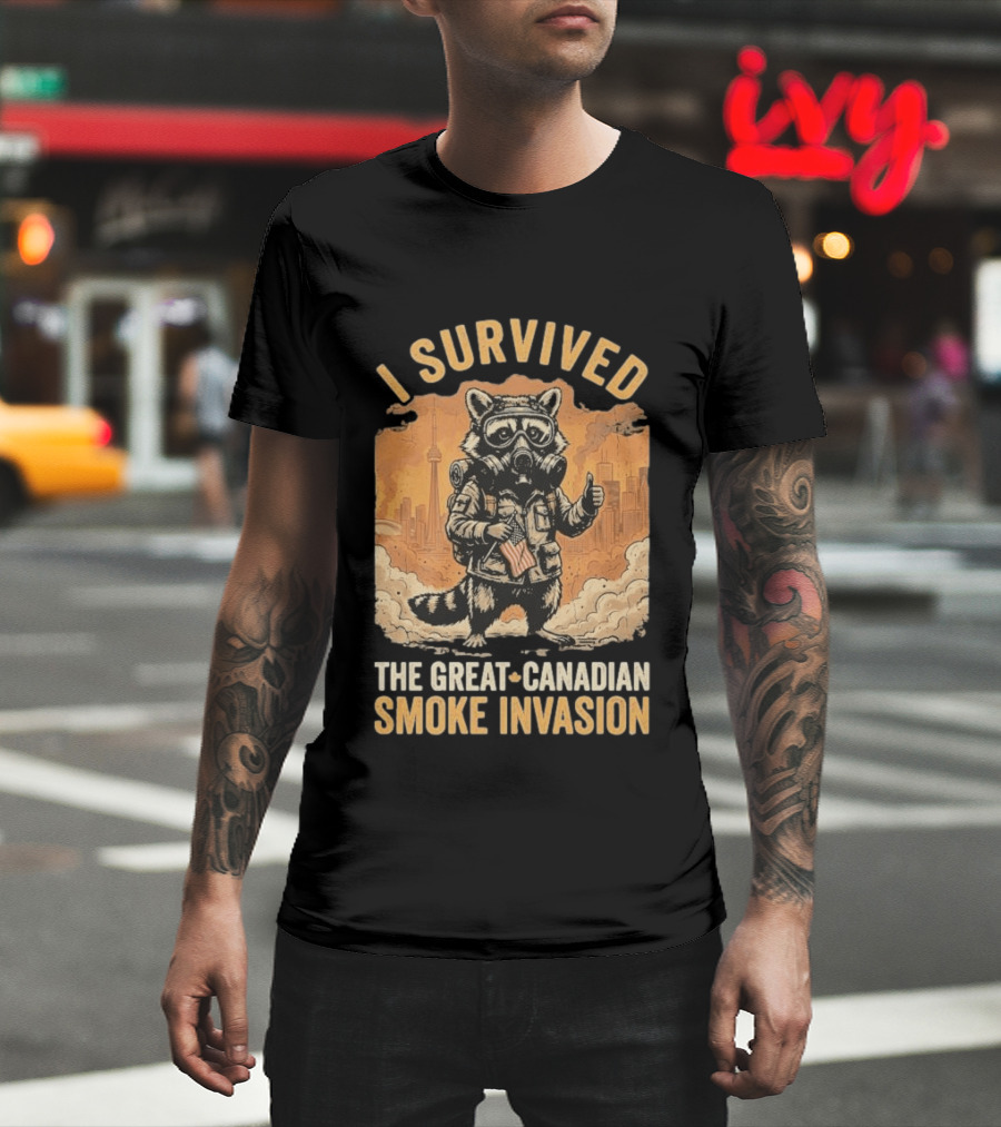 I Survived The Great Canadian Smoke Invasion Raccoon Cityscape Gas Mask T-Shirt