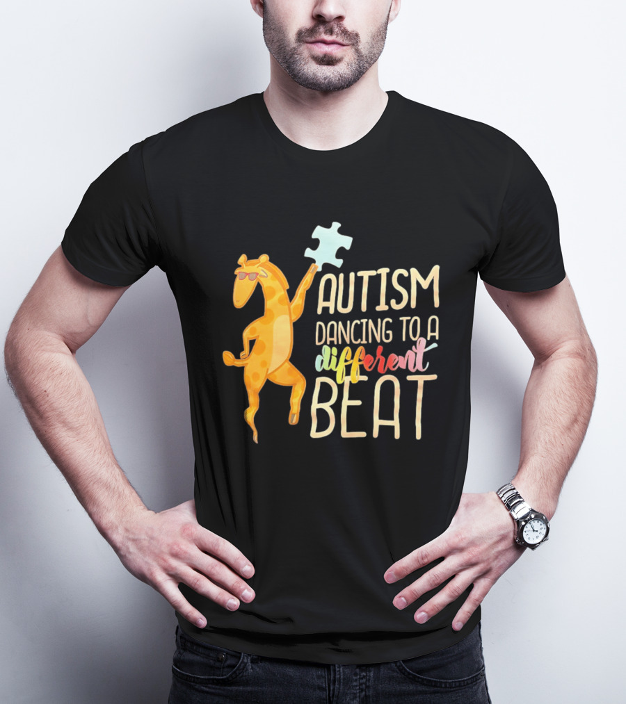 Autism Dancing To A Different Beat Giraffe Puzzle Piece And Sunglasses T-Shirt