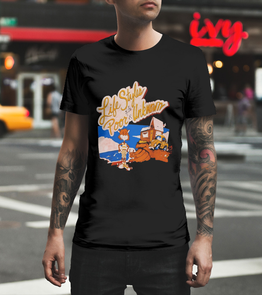 Life Styles Of The Poor And Unknown Cartoon Cat Beach Scene With House And Car T-Shirt