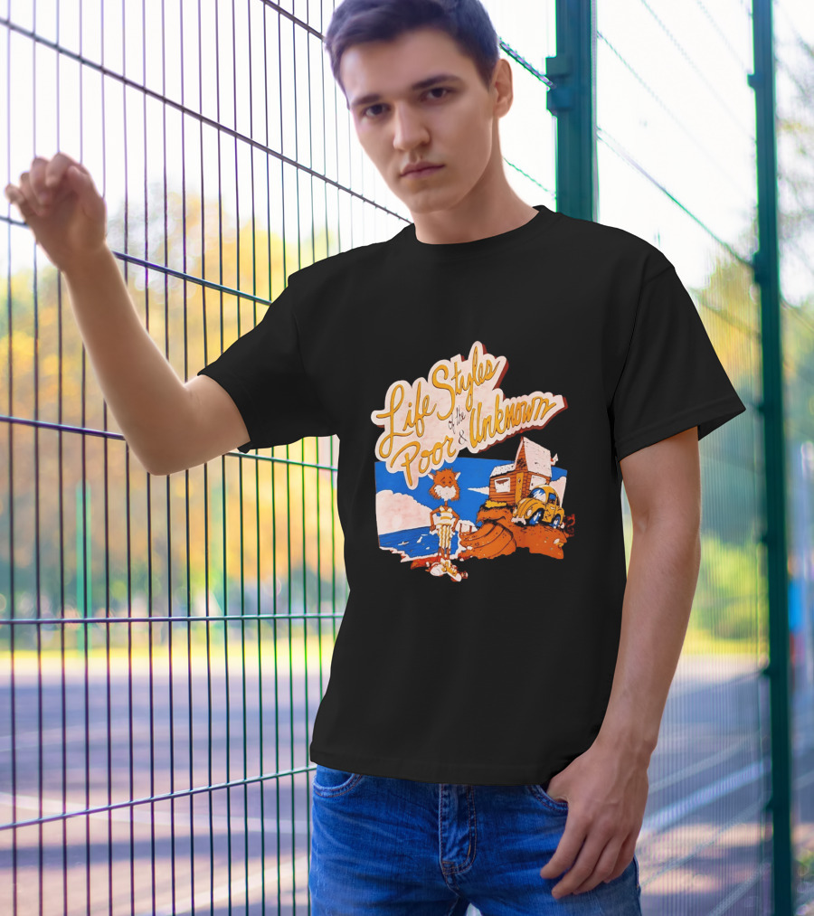 Life Styles Of The Poor And Unknown Cartoon Cat Beach Scene With House And Car T-Shirt