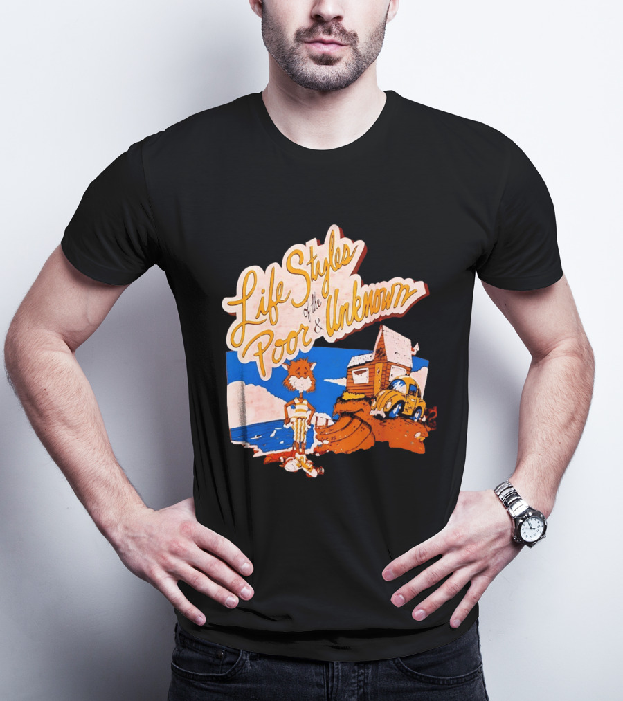 Life Styles Of The Poor And Unknown Cartoon Cat Beach Scene With House And Car T-Shirt