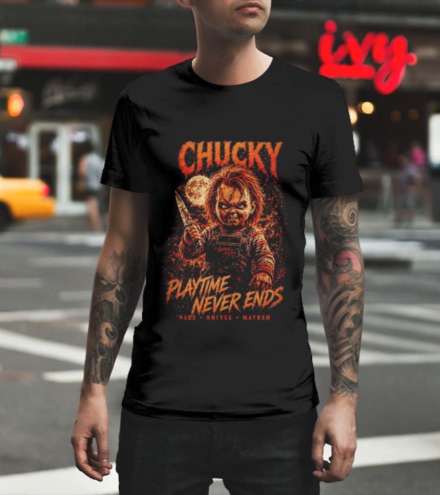 Chucky Playtime Never Ends Chaos Knives Mayhem T-Shirt