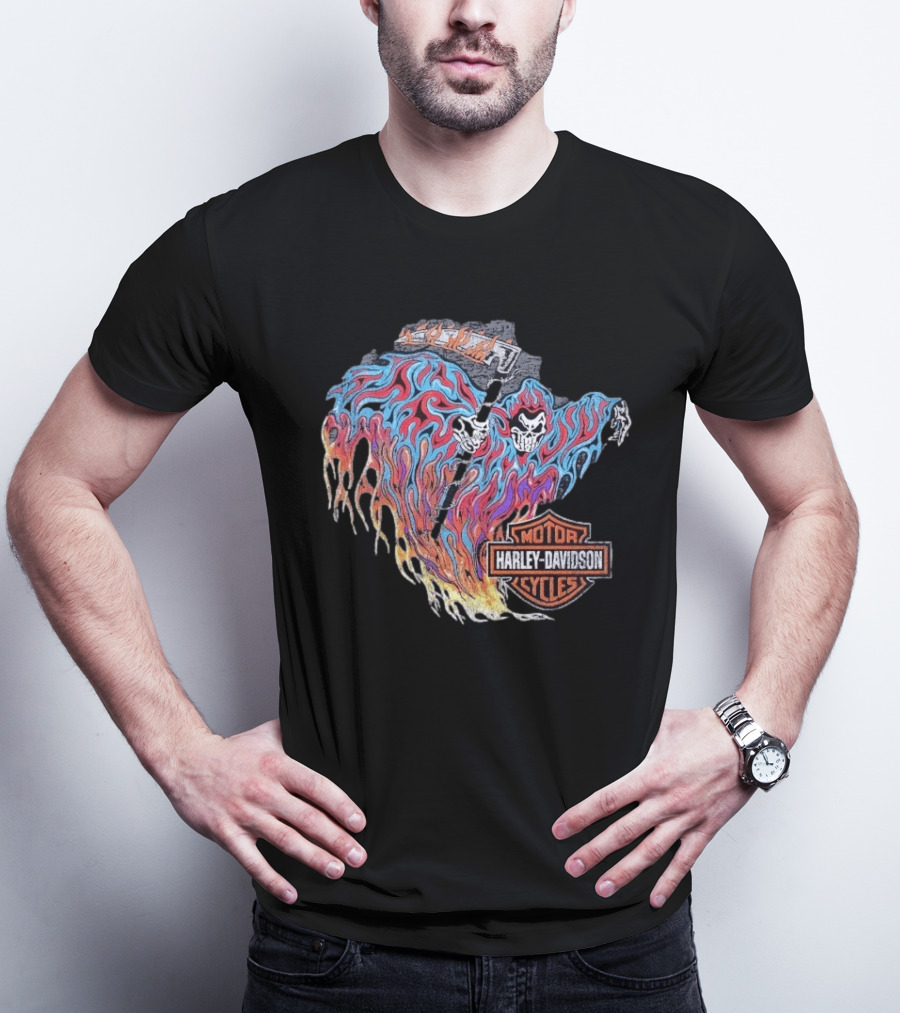 Warren Lotas Harley Davidson Reaper Flames Motor Cycles T-Shirt