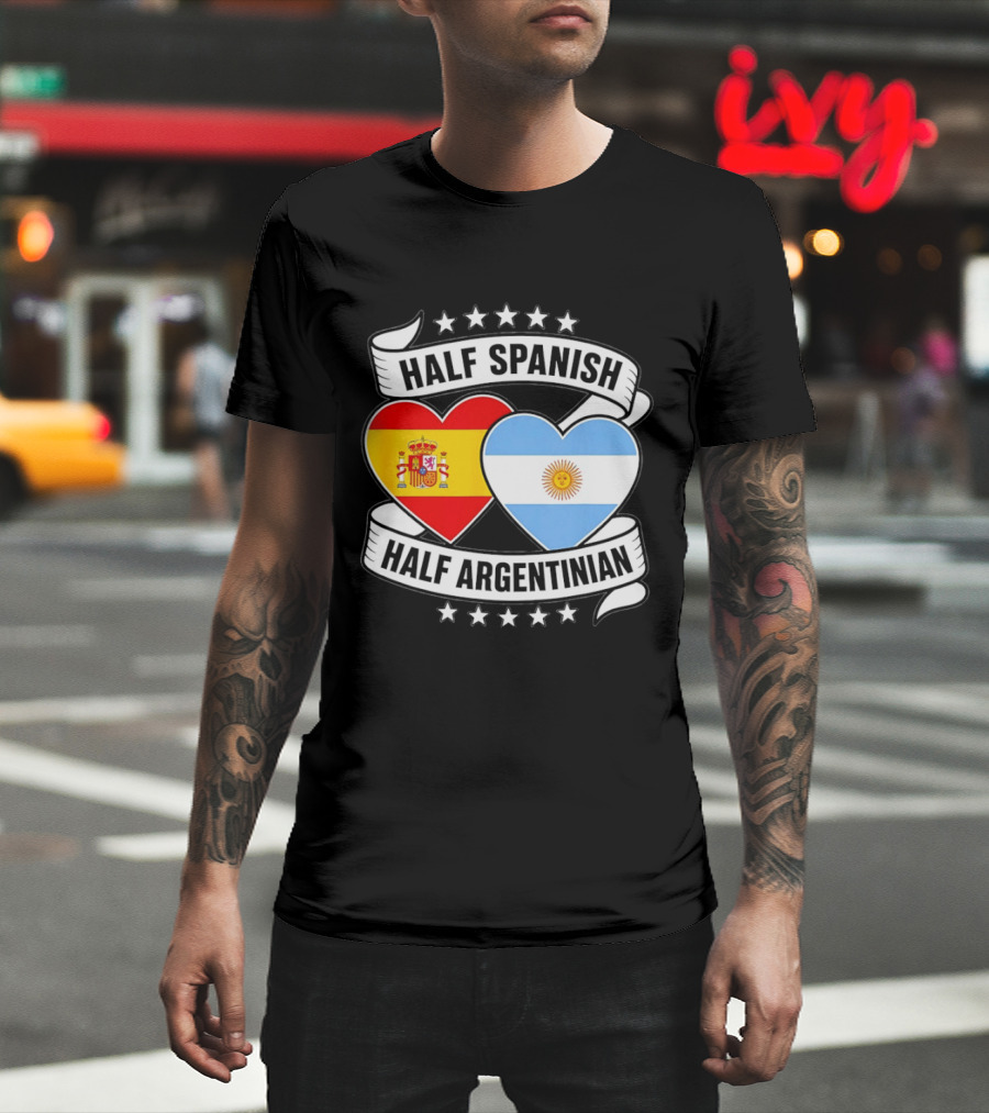 Half Spanish Half Argentinian Heart Flags Banner Star T-Shirt