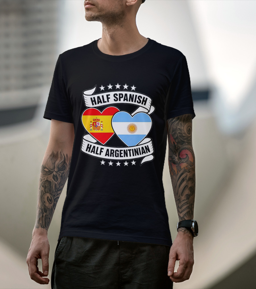 Half Spanish Half Argentinian Heart Flags Banner Star T-Shirt