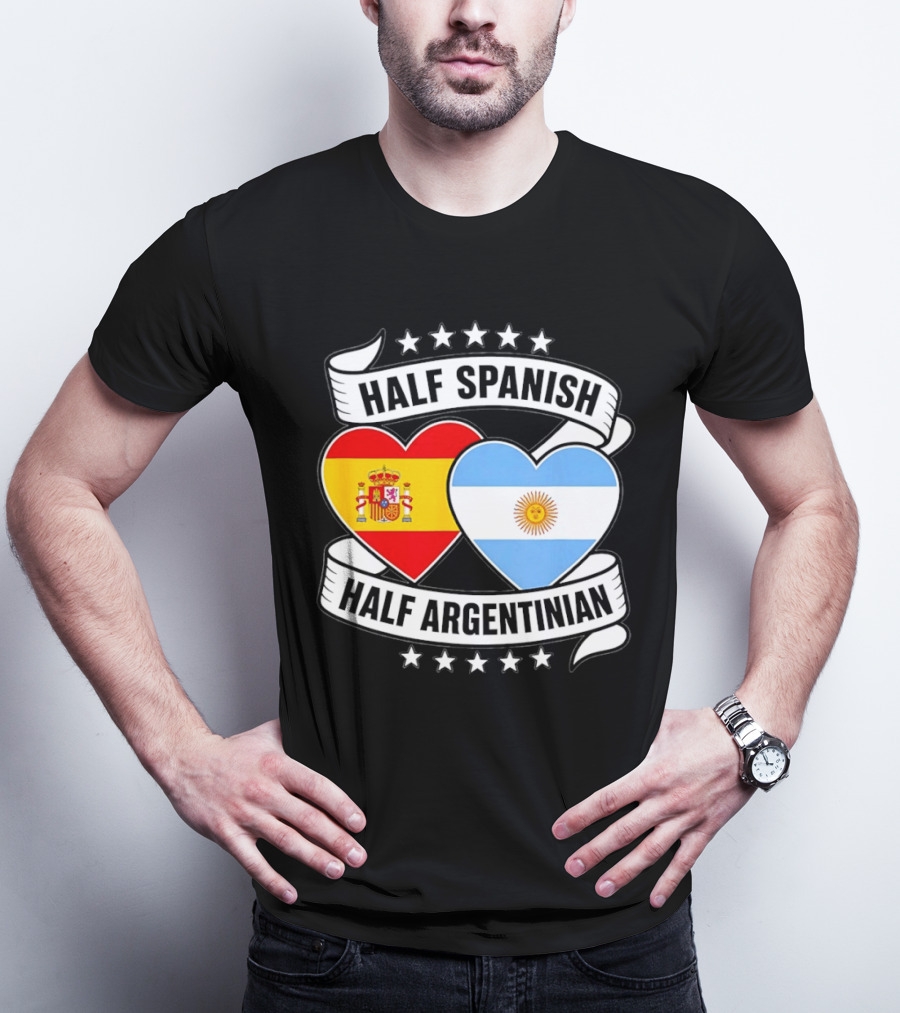 Half Spanish Half Argentinian Heart Flags Banner Star T-Shirt