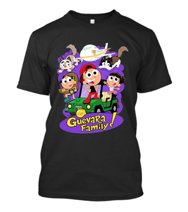 The Guevara Family Cartoon Adventure With Pets And Airplane T-Shirt