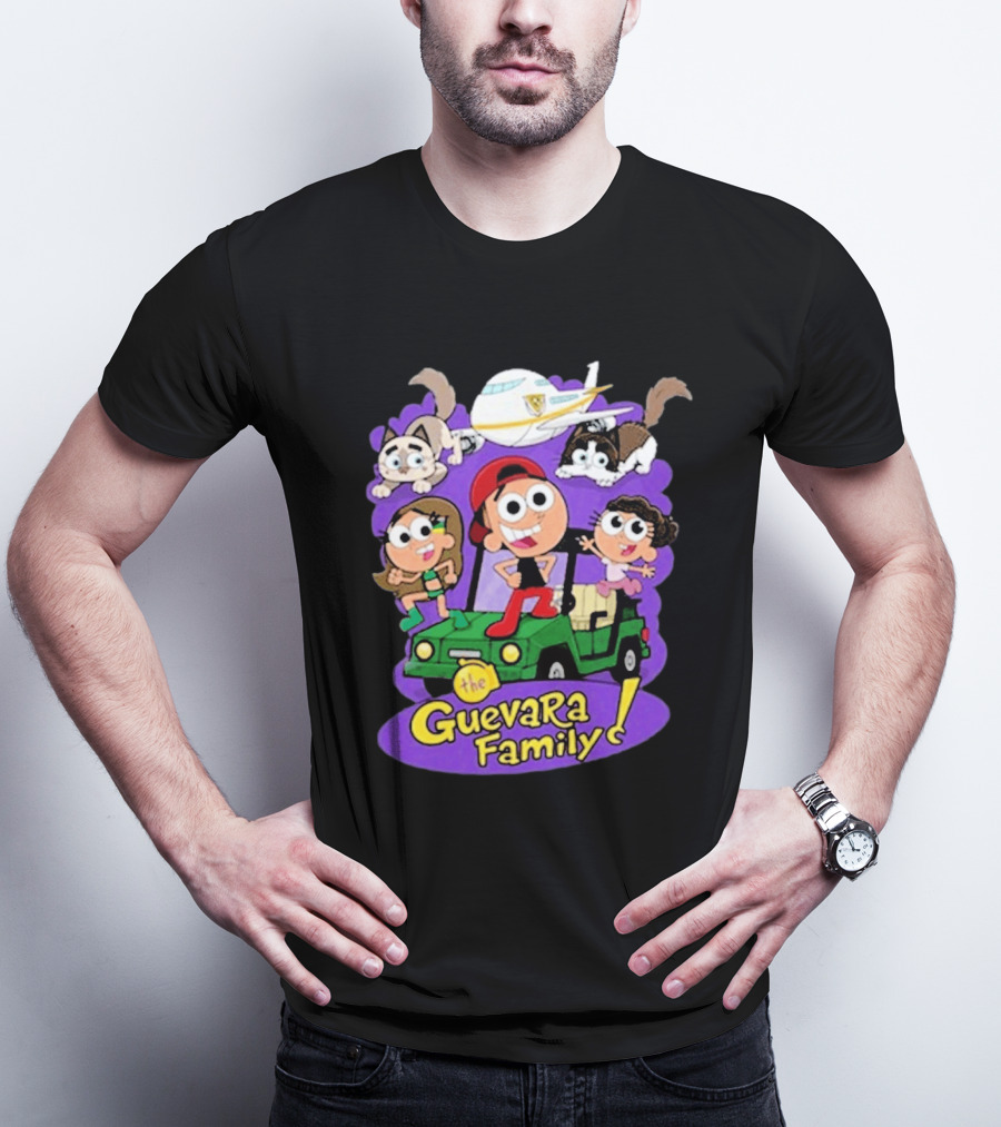 The Guevara Family Cartoon Adventure With Pets And Airplane T-Shirt