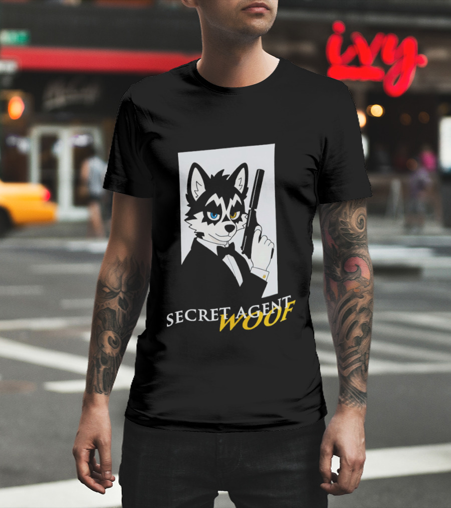 Secret Agent Woof Husky Tuxedo Spy Dog Holding Pistol Image T-Shirt