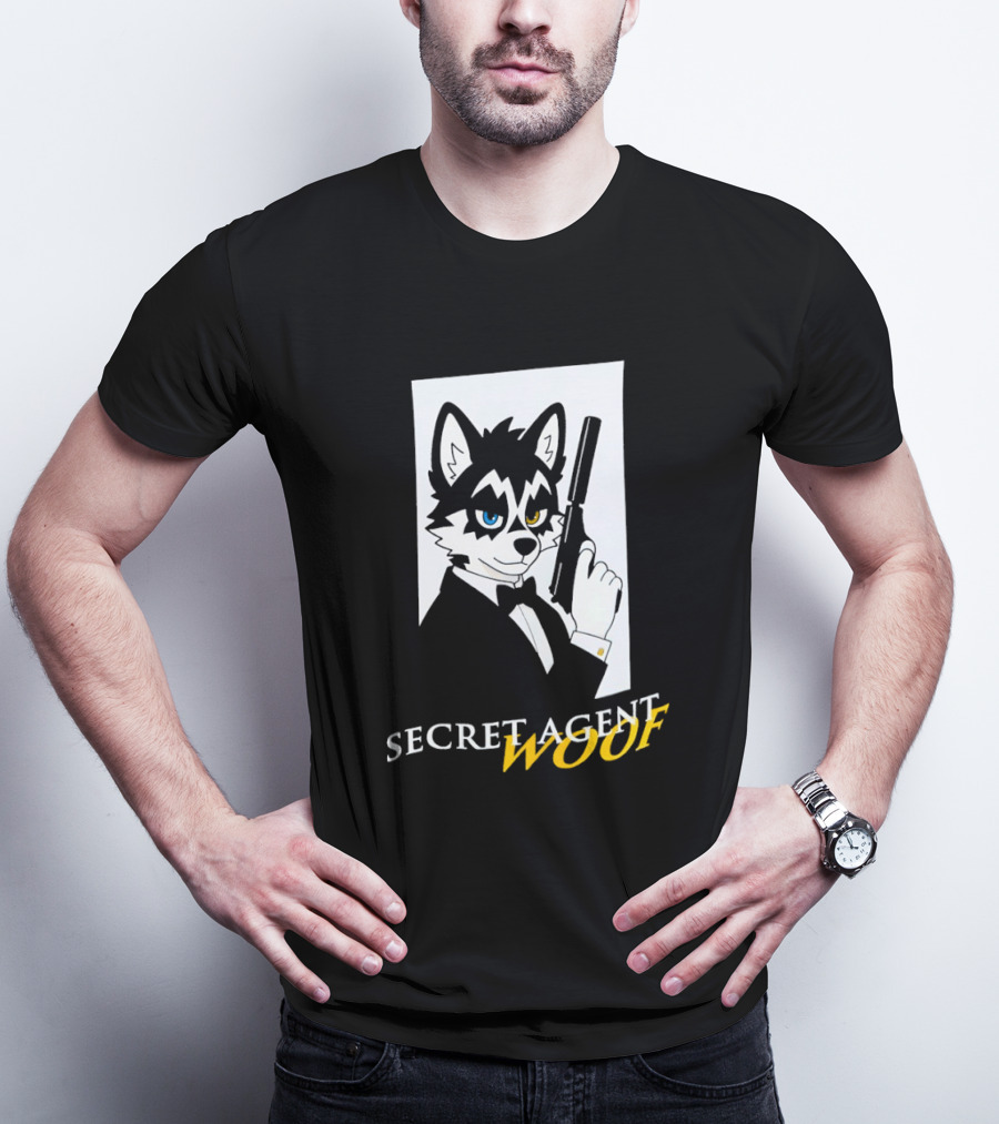 Secret Agent Woof Husky Tuxedo Spy Dog Holding Pistol Image T-Shirt