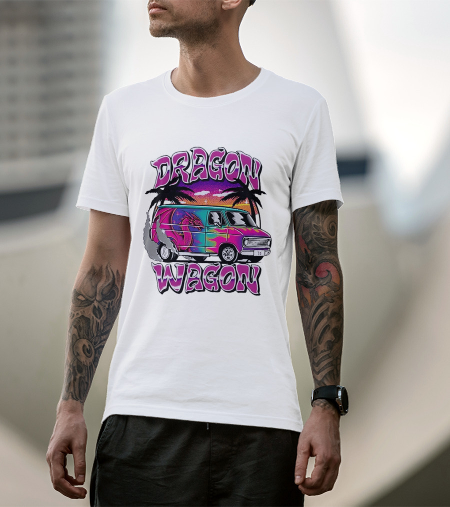 Dragon Wagon Van Tie Dye Sunset With Palm Trees T-Shirt