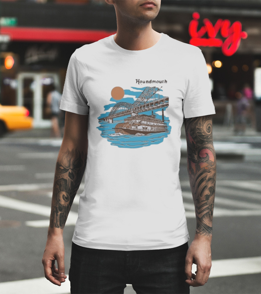 Houndmouth Riverboat Under Bridge With Sun And Waves T-Shirt