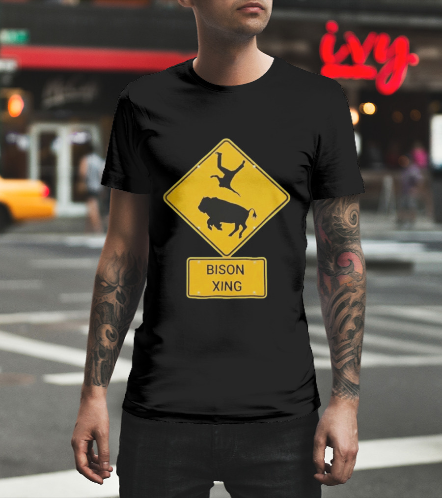 Bison Xing Road Sign With Pedestrian Warning T-Shirt