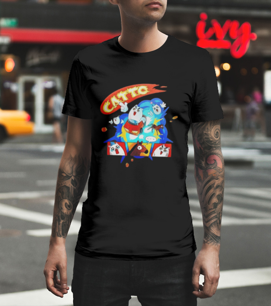 Catto Cartoon Cat Driving A Car With Funny Expressions And Comic Style Panels T-Shirt