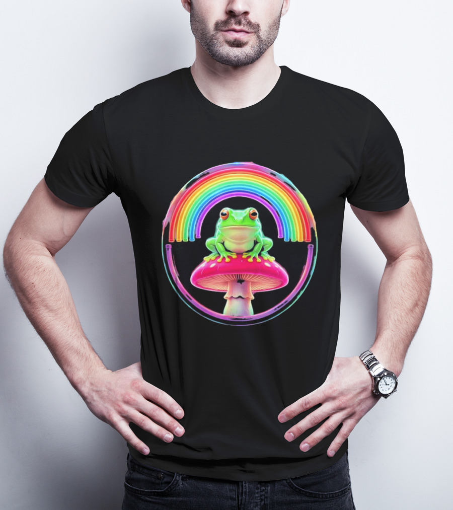 Neon Frog On Mushroom Under Vibrant Rainbow Circle T-Shirt