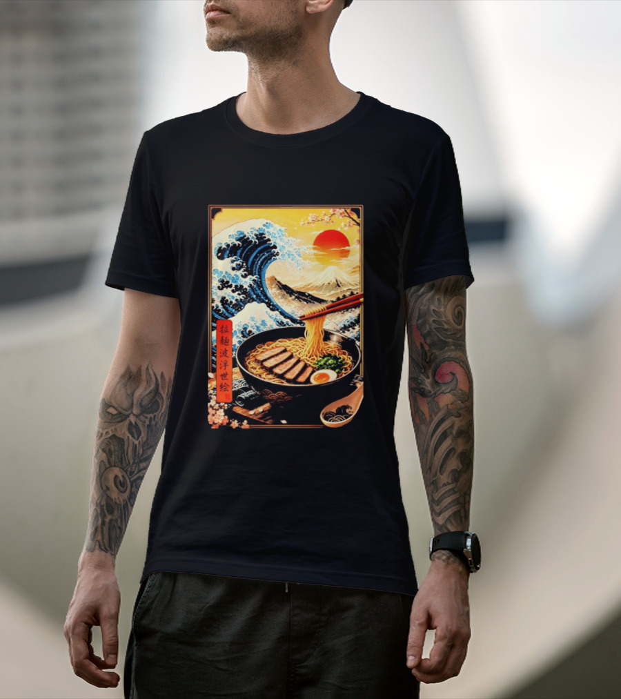 Great Wave Ramen Ukiyo E Japanese Noodles Cherry Blossoms Sun Mountain T-Shirt