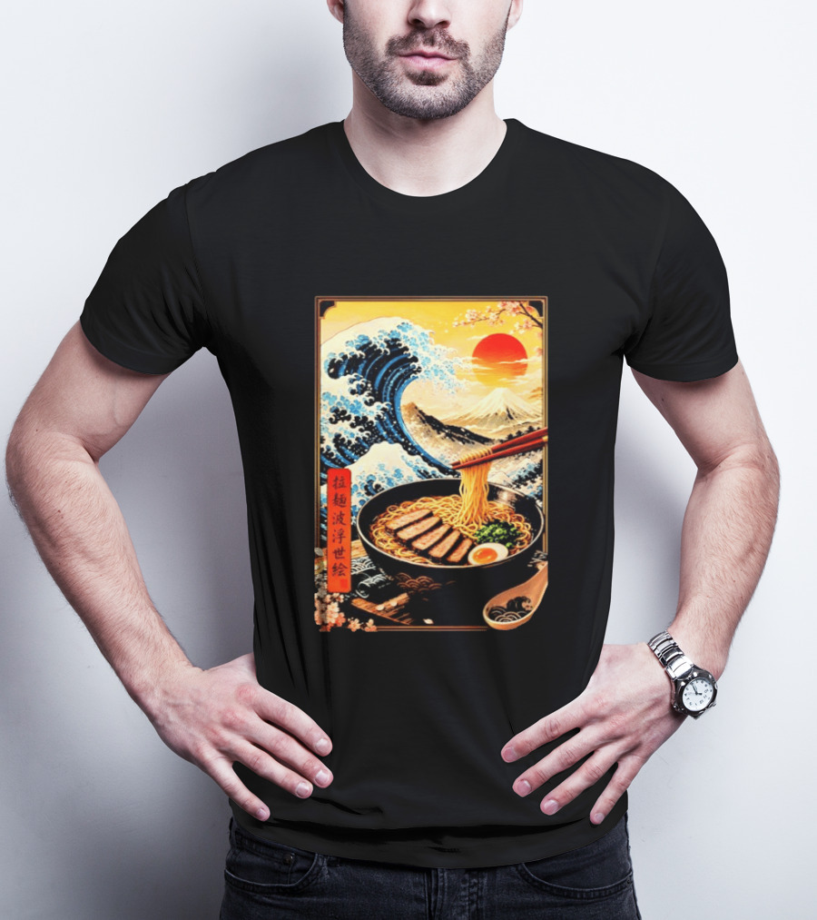 Great Wave Ramen Ukiyo E Japanese Noodles Cherry Blossoms Sun Mountain T-Shirt