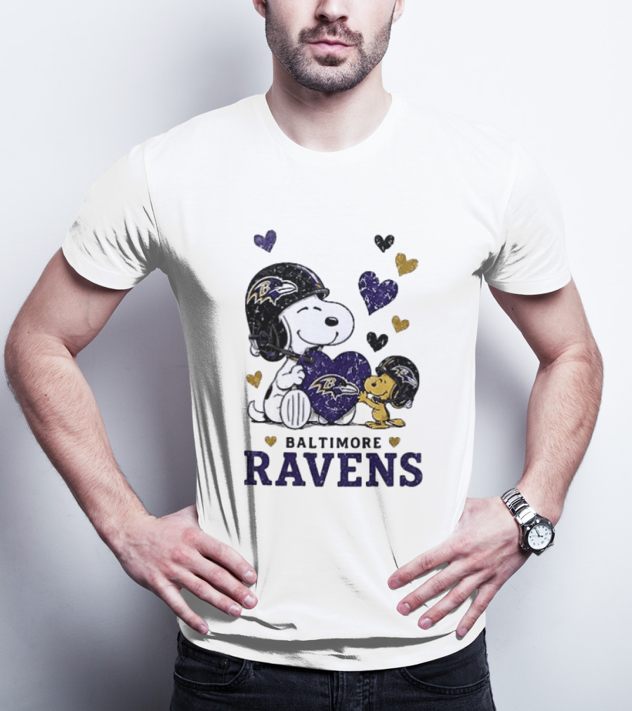 Baltimore Ravens Peanuts Snoopy Woodstock Love Laughter Hearts T-Shirt