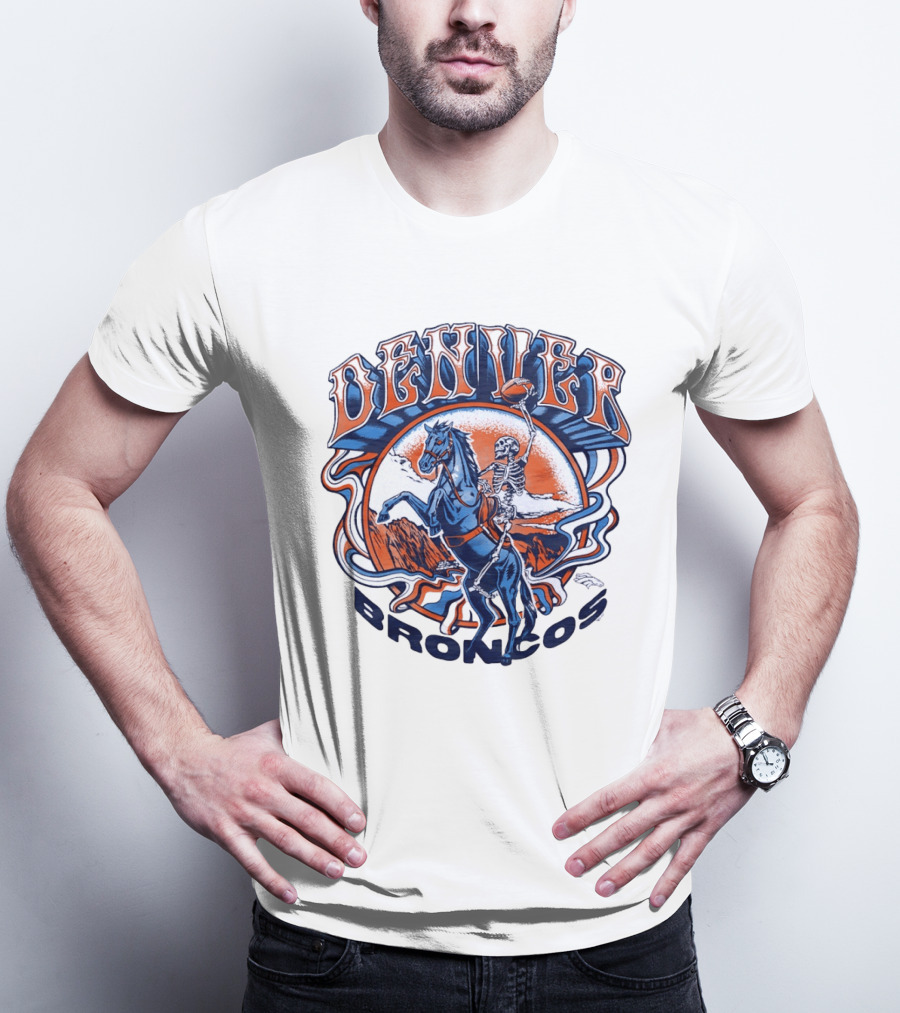 Denver Broncos Skeleton Horse Rider Football T-Shirt