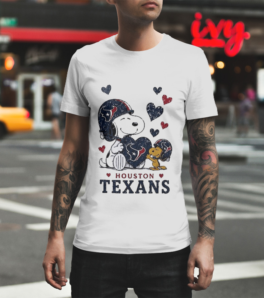 Houston Texans Peanuts Snoopy Woodstock Love Hearts T-Shirt
