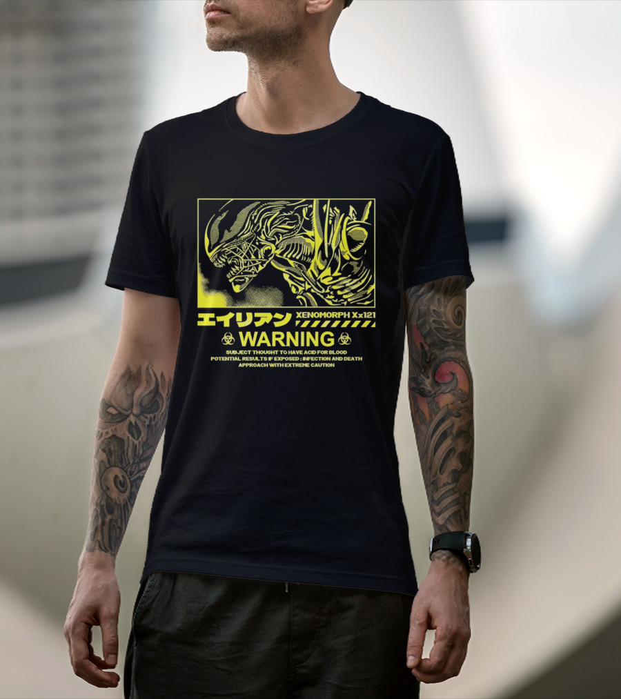 Alien Xenomorph Xx121 Acid Blood Warning Hazard Japan Text Yellow T-Shirt