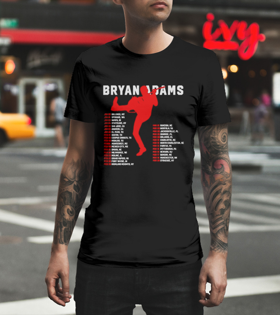 Bryan Adams Kicking Guitar With 2023 Tour Dates And Cities T-Shirt