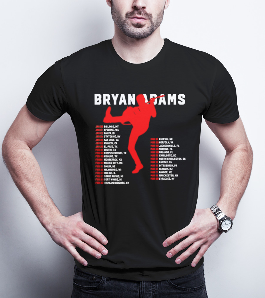 Bryan Adams Kicking Guitar With 2023 Tour Dates And Cities T-Shirt