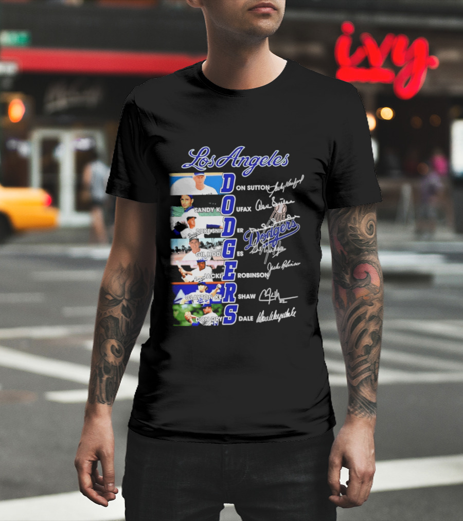 Los Angeles Dodgers Don Sutton Sandy Koufax Duke Snider Gil Hodges Jackie Robinson Clayton Kershaw Don Drysdale Signatures T-Shirt