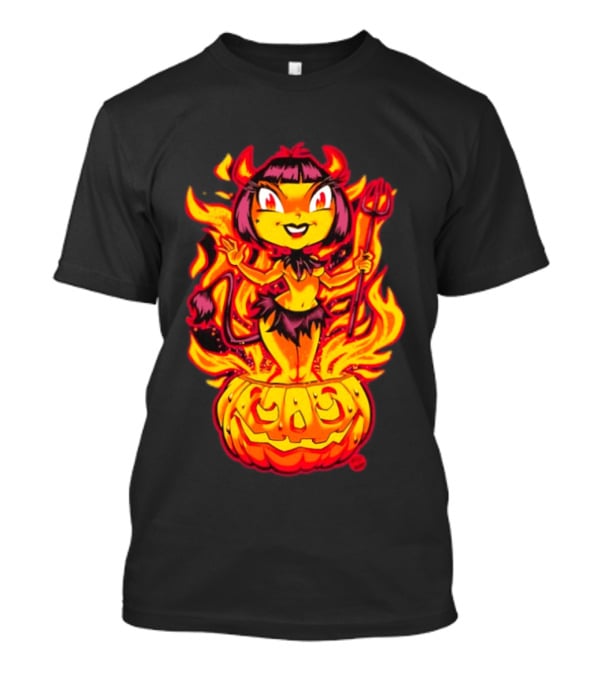 Devil Girl In Jack O' Lantern Halloween Flames With Pitchfork And Tail T-Shirt