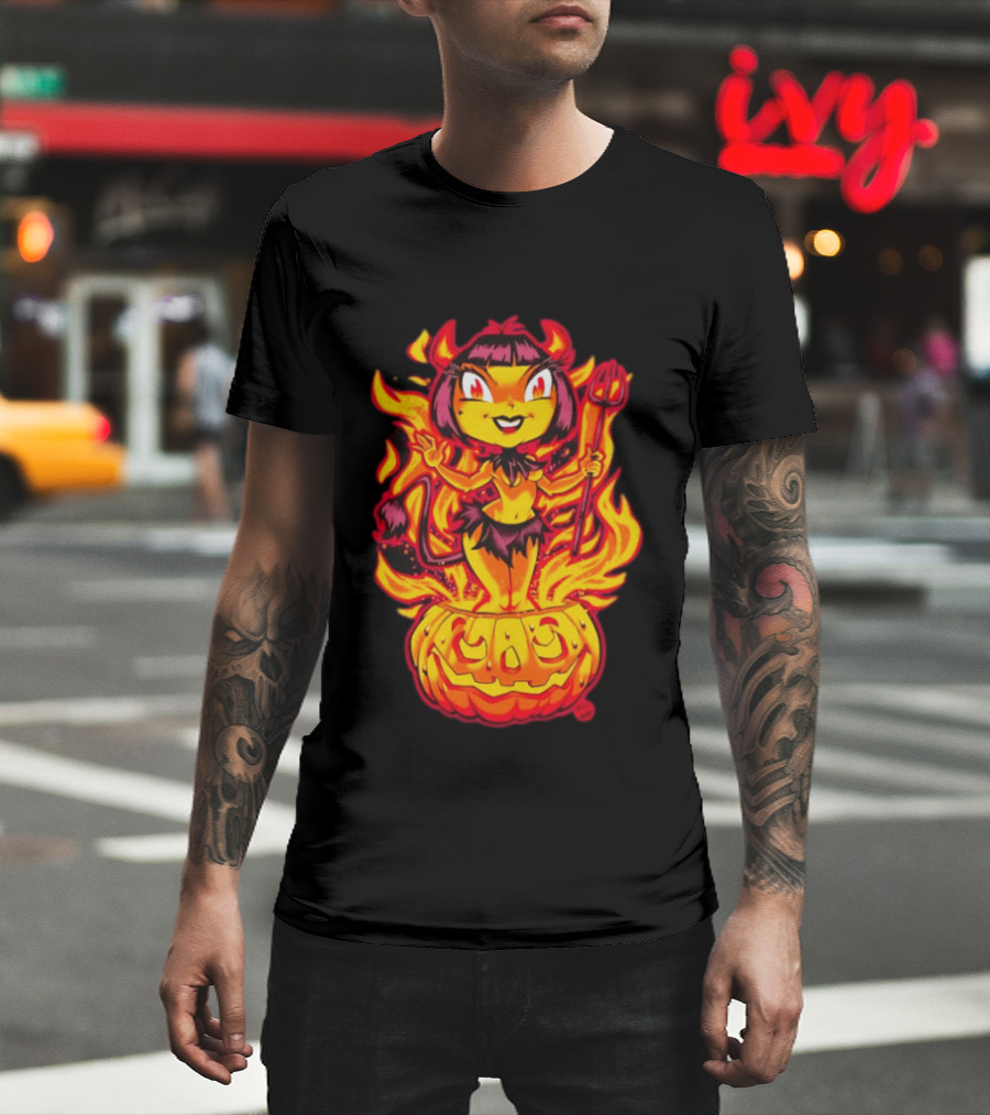 Devil Girl In Jack O' Lantern Halloween Flames With Pitchfork And Tail T-Shirt