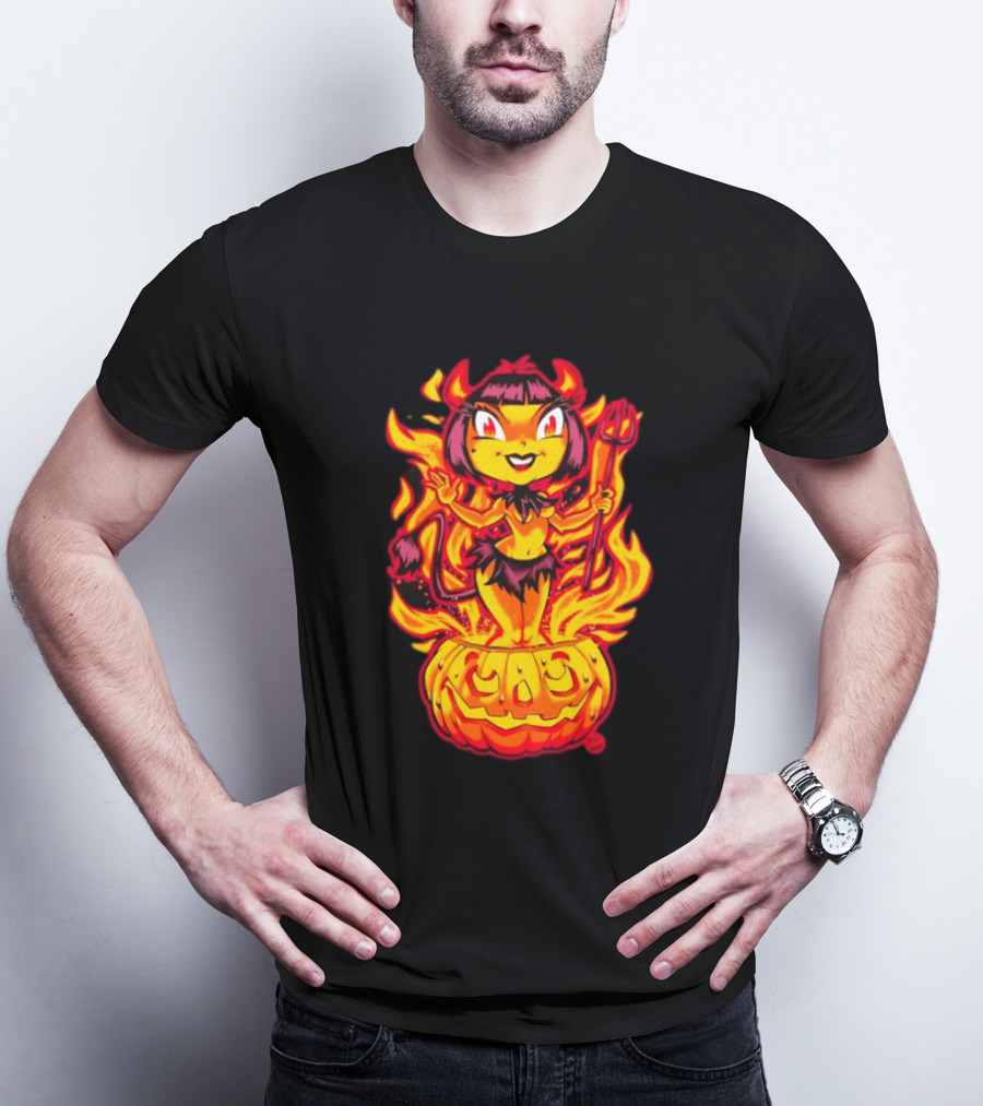 Devil Girl In Jack O' Lantern Halloween Flames With Pitchfork And Tail T-Shirt