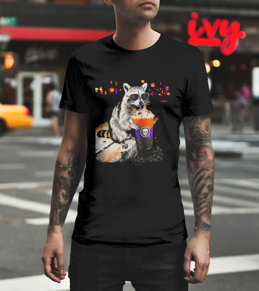 Raccoon With Sunglasses Enjoying Halloween Frappe With Skull Cup And Pumpkin T-Shirt