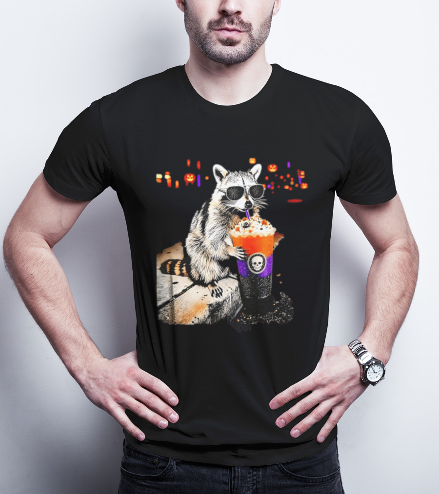 Raccoon With Sunglasses Enjoying Halloween Frappe With Skull Cup And Pumpkin T-Shirt