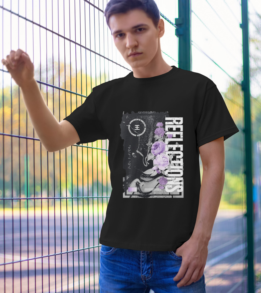 Reflections Peroxide Floral Typography With Purple Roses And Abstract Black And White T-Shirt