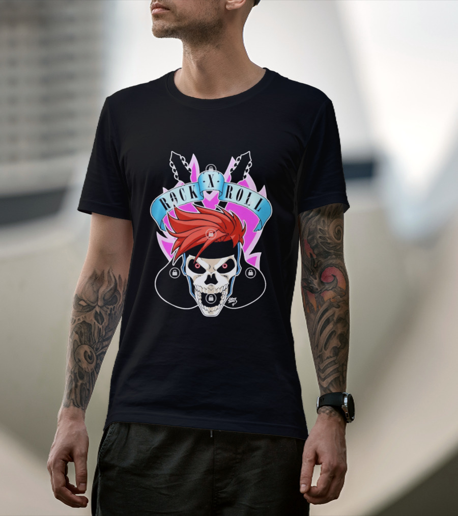 Rock X Roll Skull Electric Guitar Red Hair T-Shirt