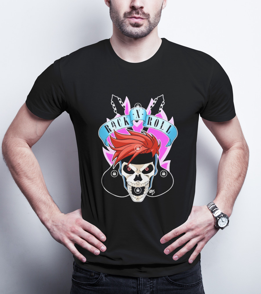 Rock X Roll Skull Electric Guitar Red Hair T-Shirt