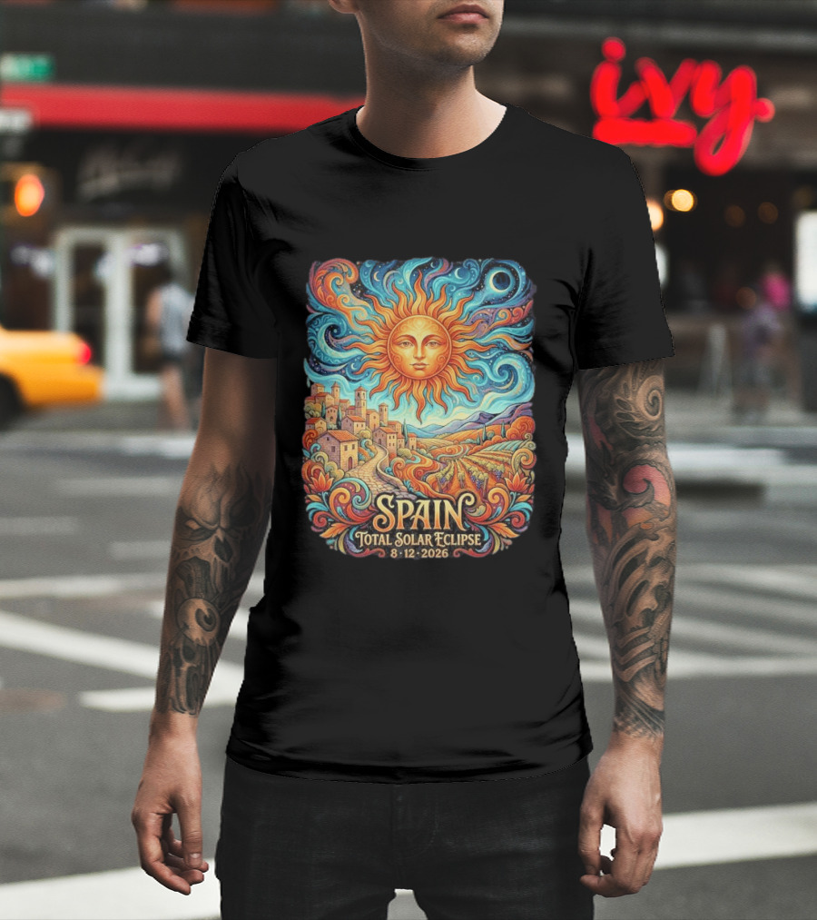 Spain Total Solar Eclipse 8 12 2026 Sun And Moon Celestial Village T-Shirt