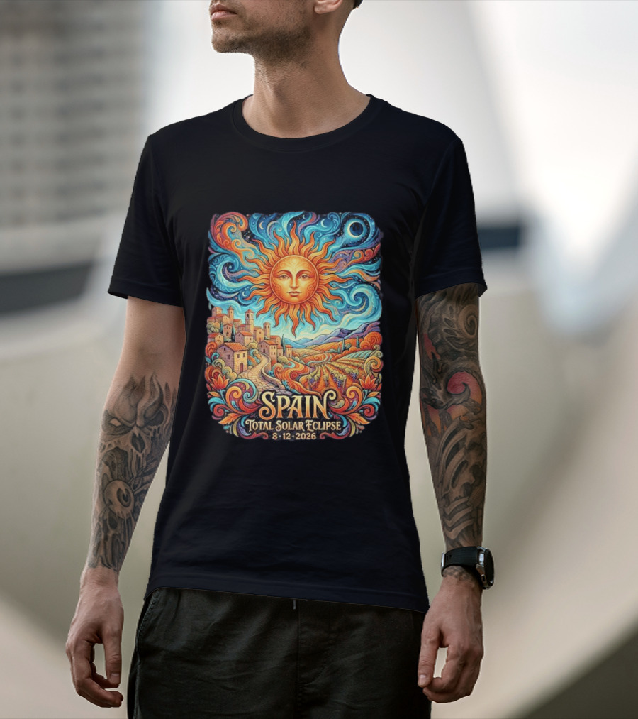 Spain Total Solar Eclipse 8 12 2026 Sun And Moon Celestial Village T-Shirt