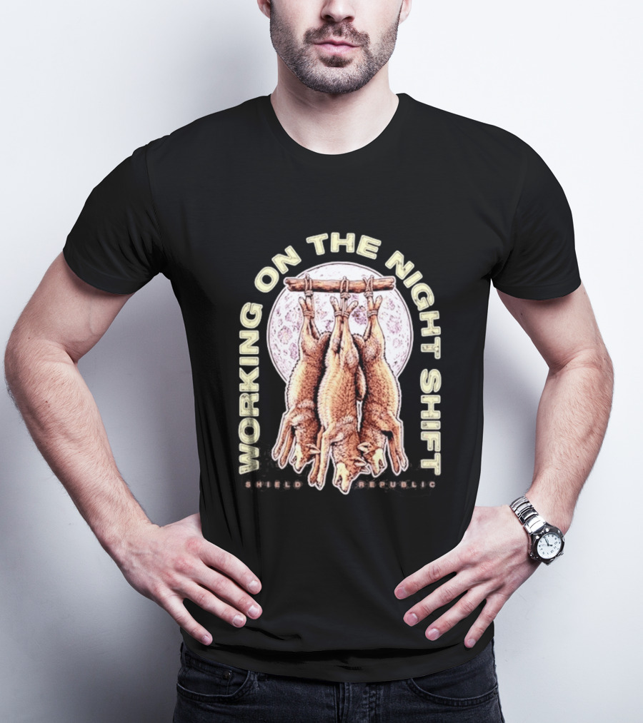 Working On The Night Shift Shield Republic Hanging Coyotes Full Moon T-Shirt