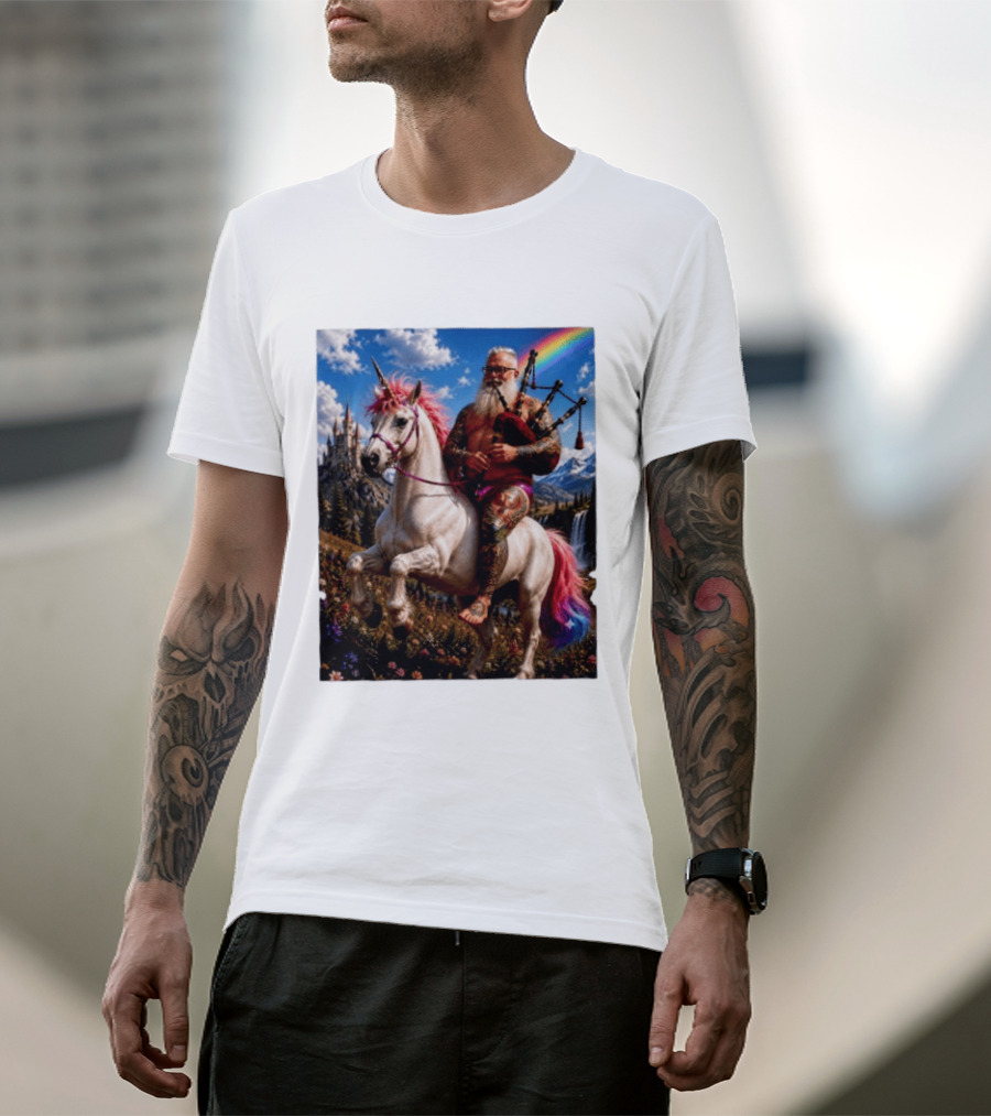 Bearded Scotsman Playing Bagpipes Riding A Rainbow Unicorn In Enchanted Castle Landscape T-Shirt